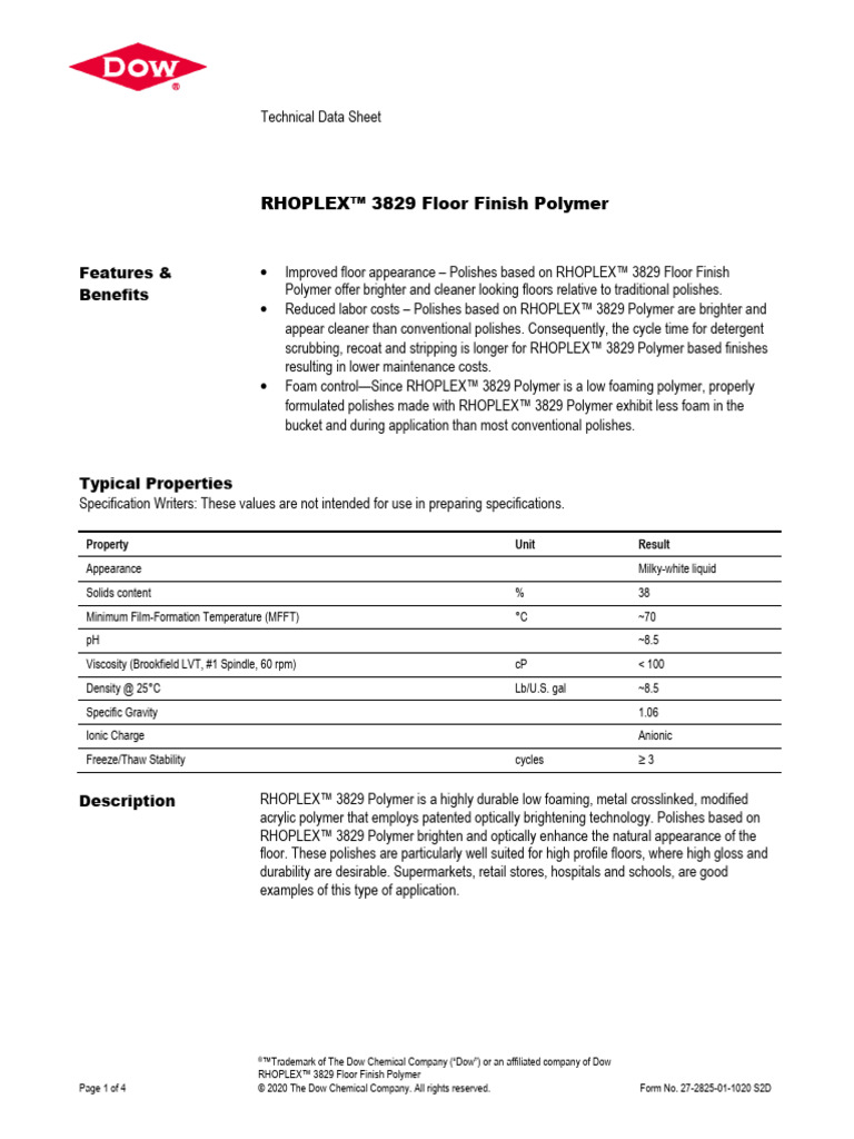 27 2825 01 Rhoplex 3829 Floor Finish Polymer | PDF | Foam | Polymers