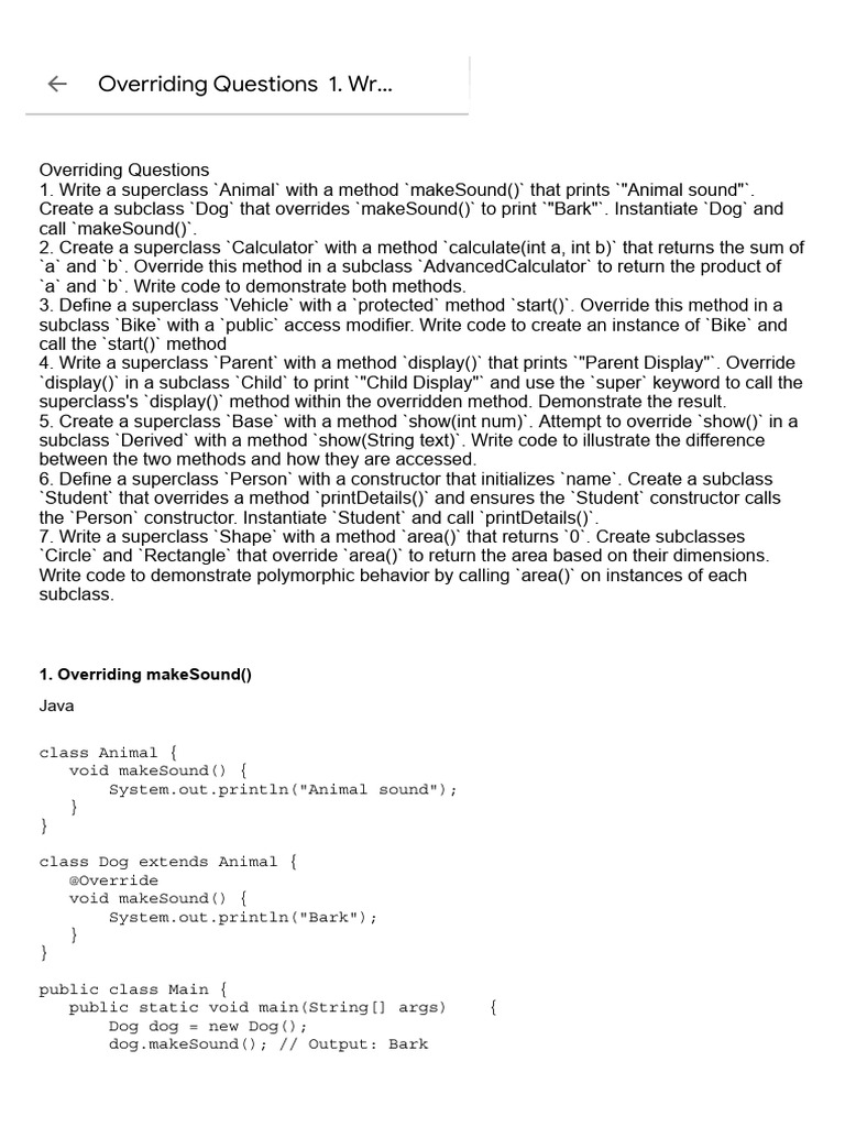 Overriding Questions 1 Write A Superclass Anim Pdf Method Computer Programming