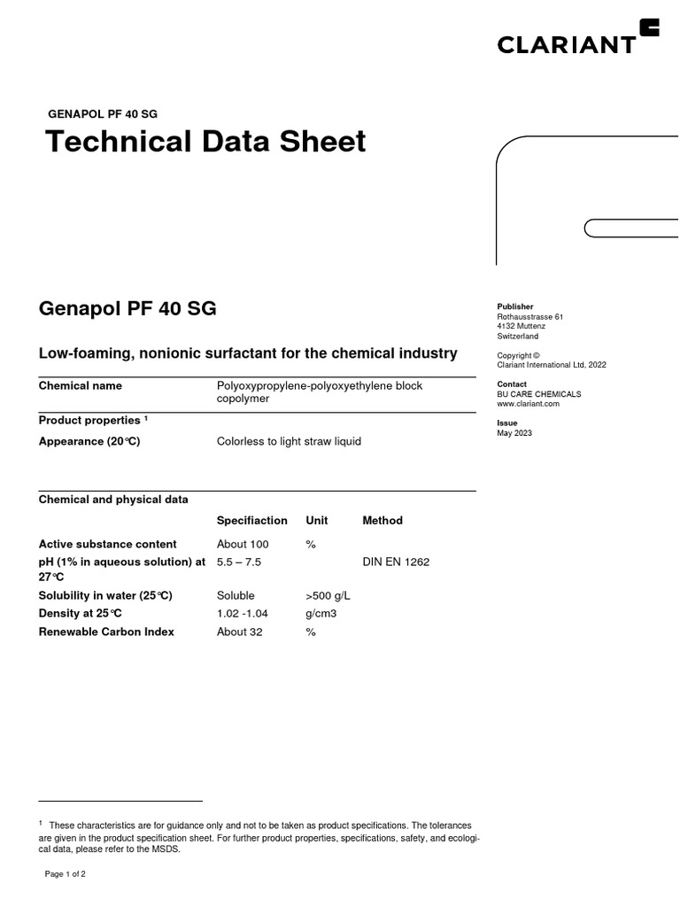 Tds Genapol PF 40 SG CTN 052023 | PDF | Emulsion | Chemistry