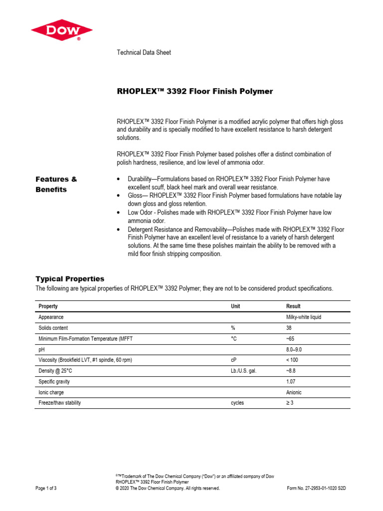 27 2953 01 Rhoplex 3392 Floor Finish Polymer | PDF | Polymers | Chemistry