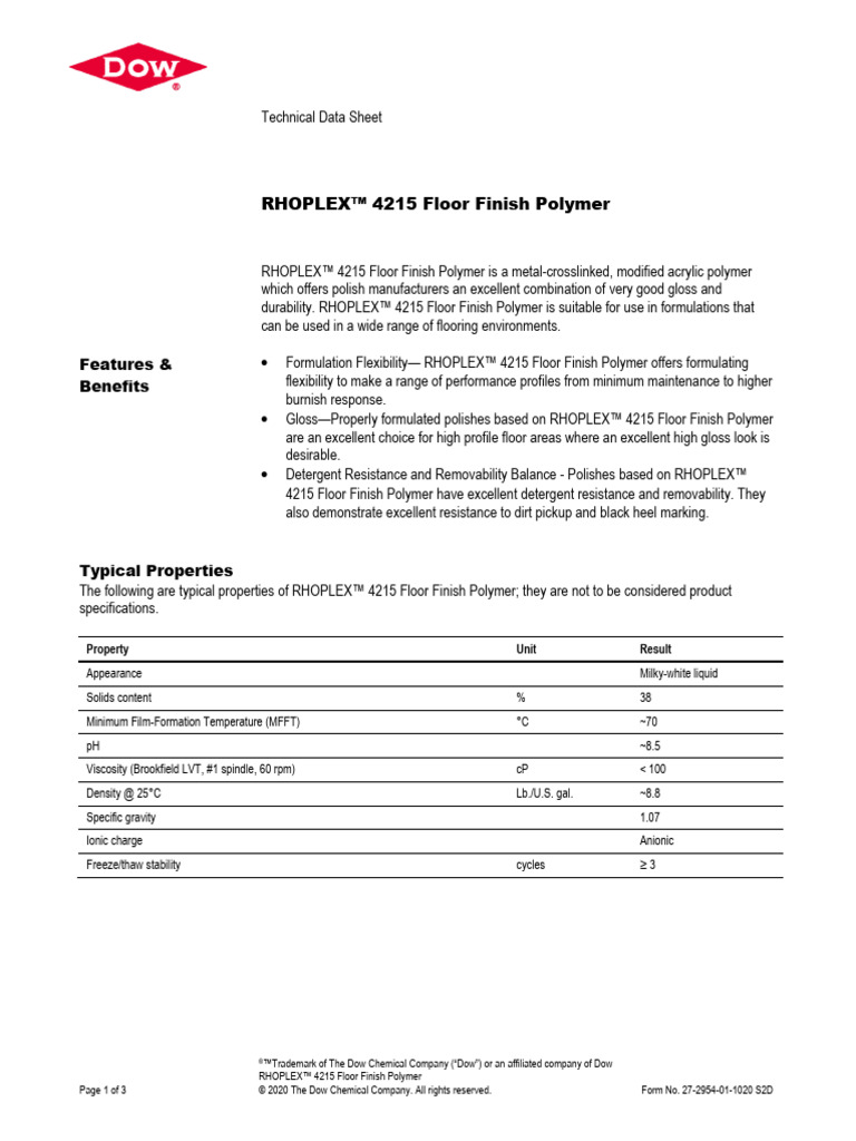 27 2954 01 Rhoplex 4215 Floor Finish Polymer | PDF | Polymers | Polymer ...