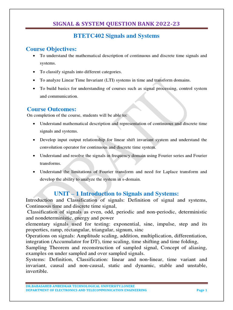 SS Question Bank MRM | PDF | Fourier Transform | Laplace Transform