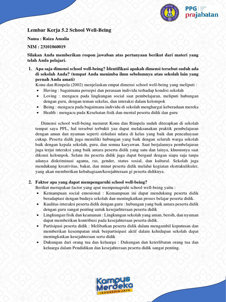 Lembar Kerja 5.2 School Well-Being RAIZA AMALIA | PDF