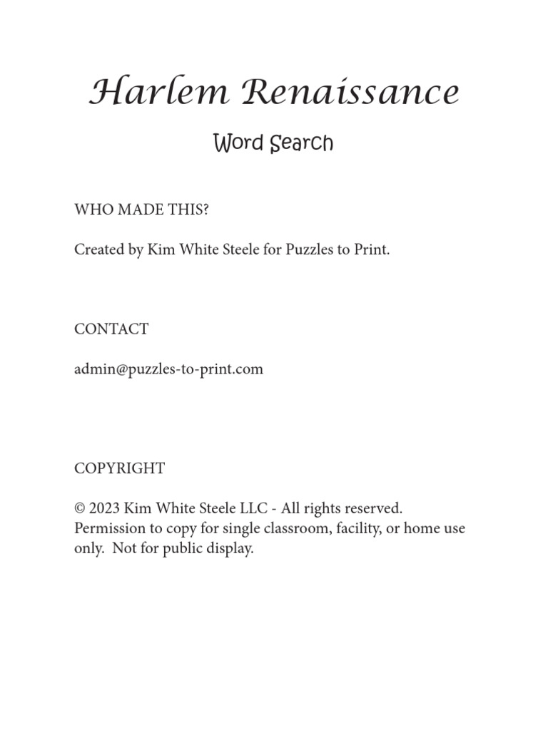 Harlem Renaissance Word Search | PDF | Word Search | Monopoly (Economics)
