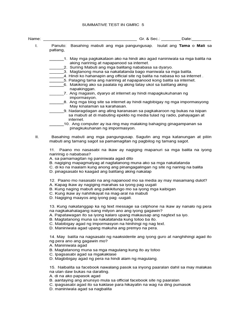 Summative Test in GMRC 5 | PDF