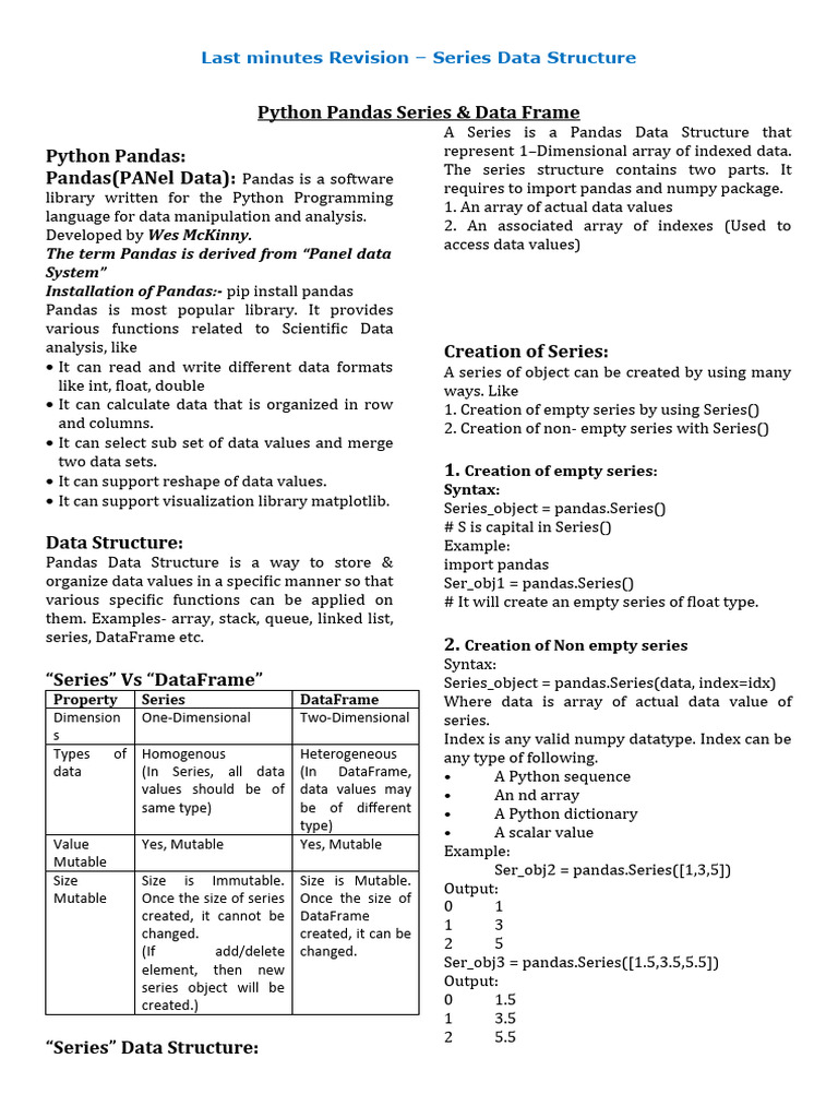 LAST MINUTES REVISION Pandas Series | PDF | Computer Science | Software ...