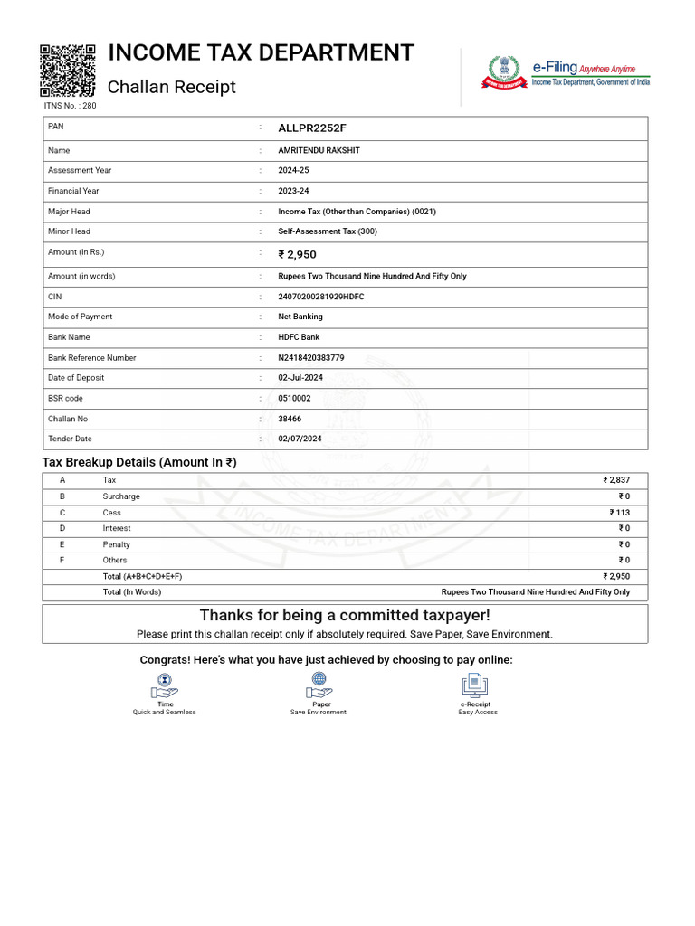 24070200281929HDFC ChallanReceipt | PDF | Taxes | Taxation