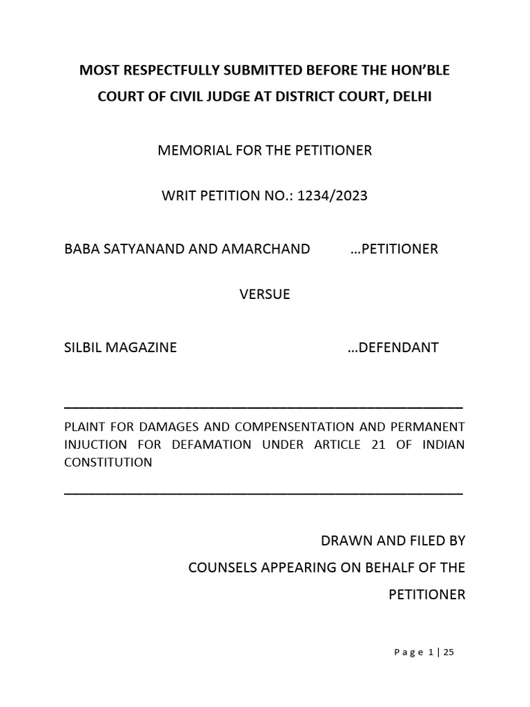 Moot Memorial On Defamation - Plaint | PDF | Defamation | Damages