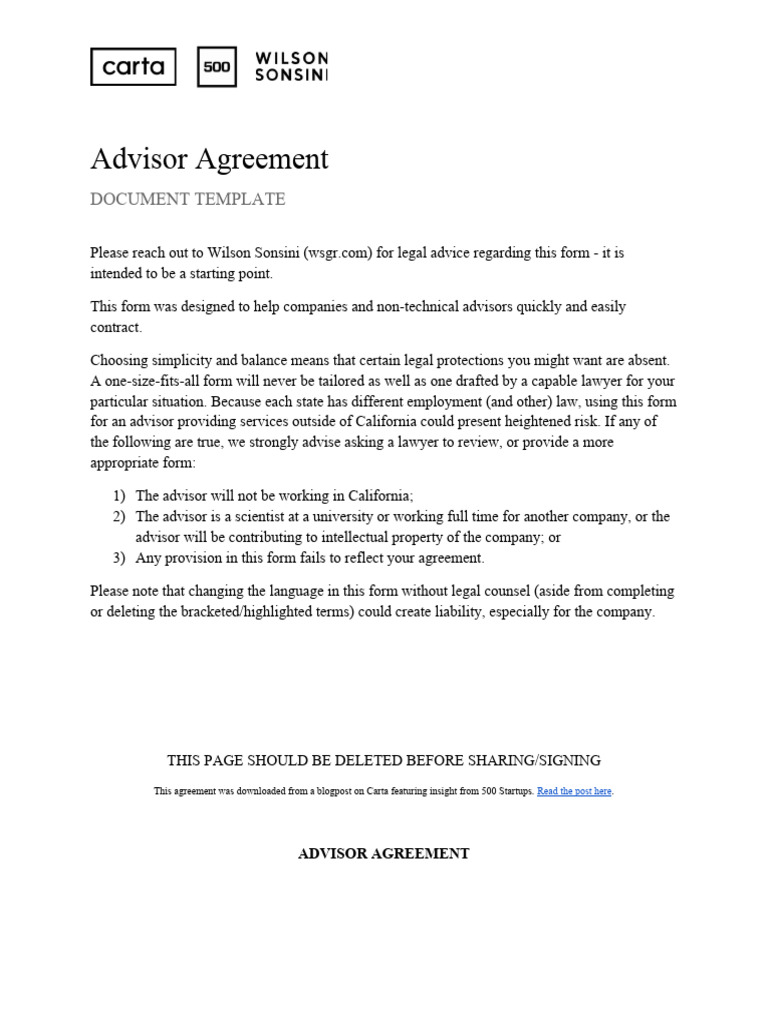 Carta, WSGR, 500 Startups - Advisor Agreement Template | PDF | Stocks ...