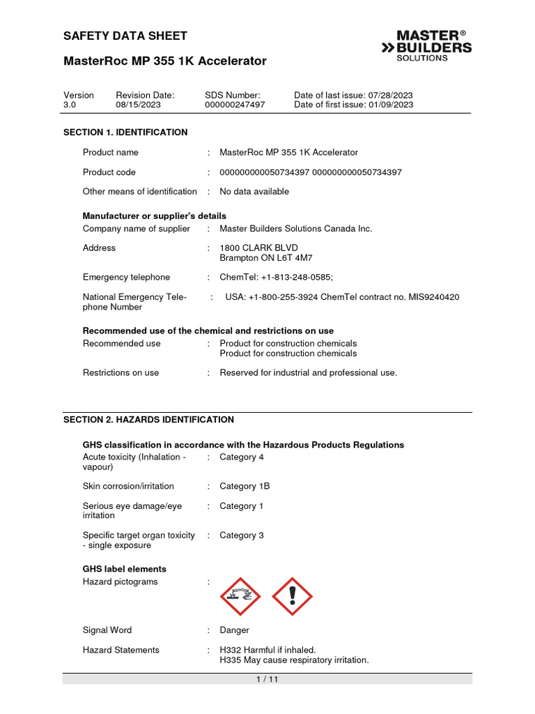 Masterroc MP 355 1k Accelerator Sds en CA | PDF | Toxicity | Occupational Safety And Health