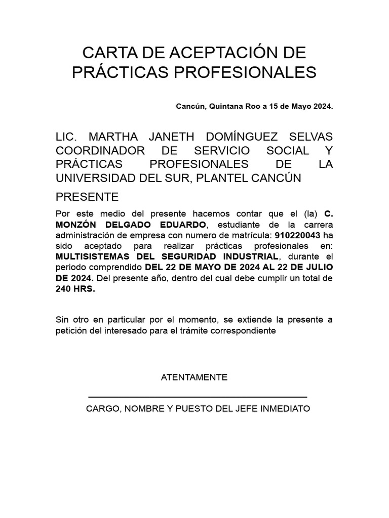 Carta de Aceptación de Prácticas Profesionales | PDF