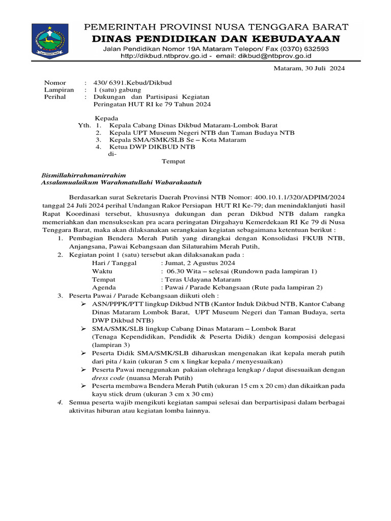 Surat Dukungan Kegiatan Hut Ri Ke 79 Tahun 2024 - NTB - Sekdis-1 | PDF