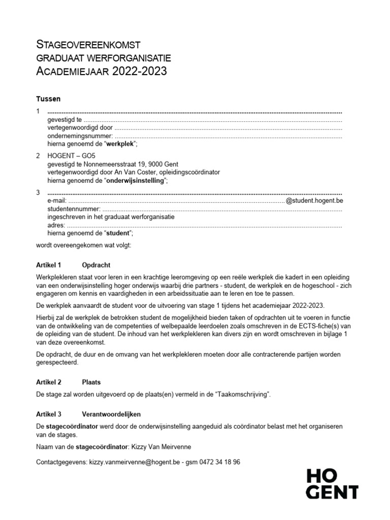 GO5 Stageovereenkomst Werforganisatie Stage1 2022-2023 | PDF