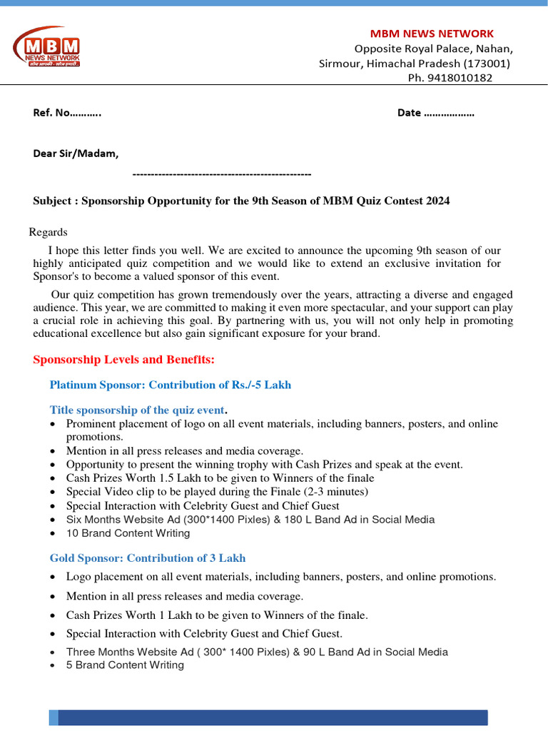 MBM Quiz Contest 2024 Sponsorship Invite | PDF | Sponsor (Commercial ...