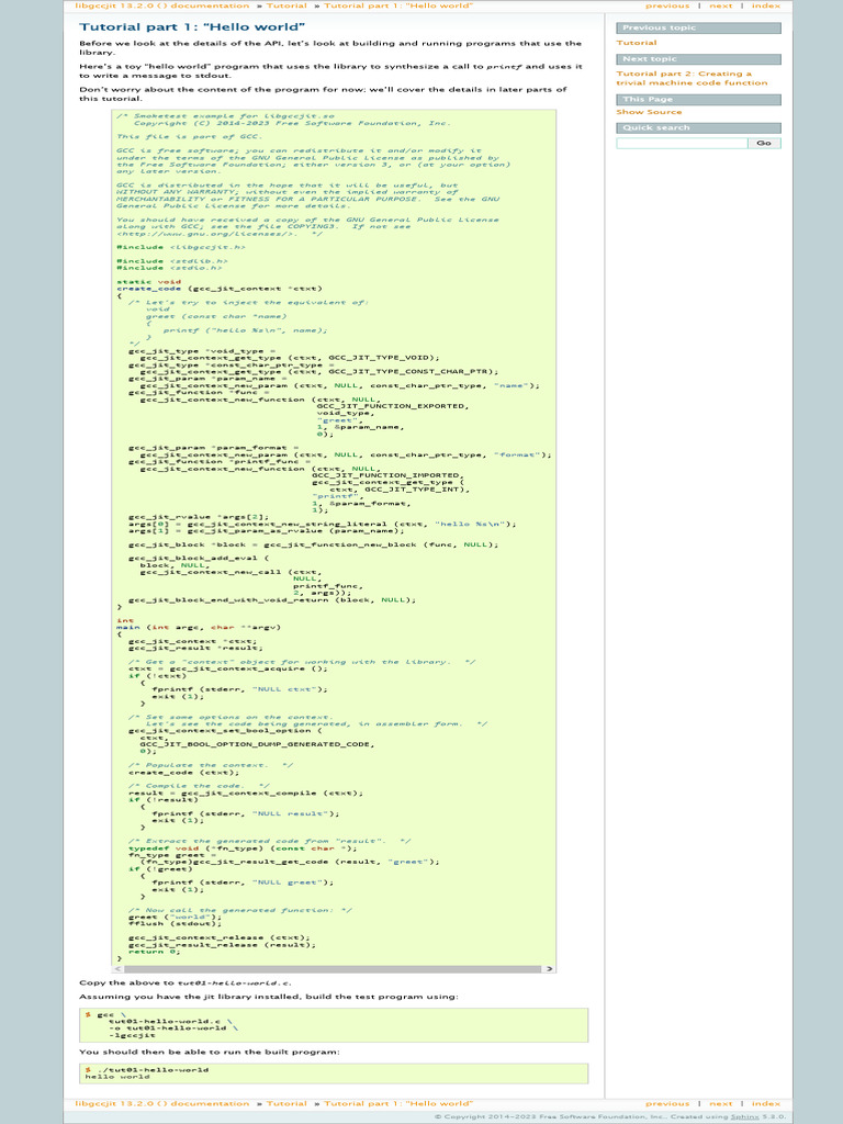 3-Tutorial Part 1 - "Hello World" - Libgccjit 13.2.0 Documentation | PDF | Gnu | Free Software