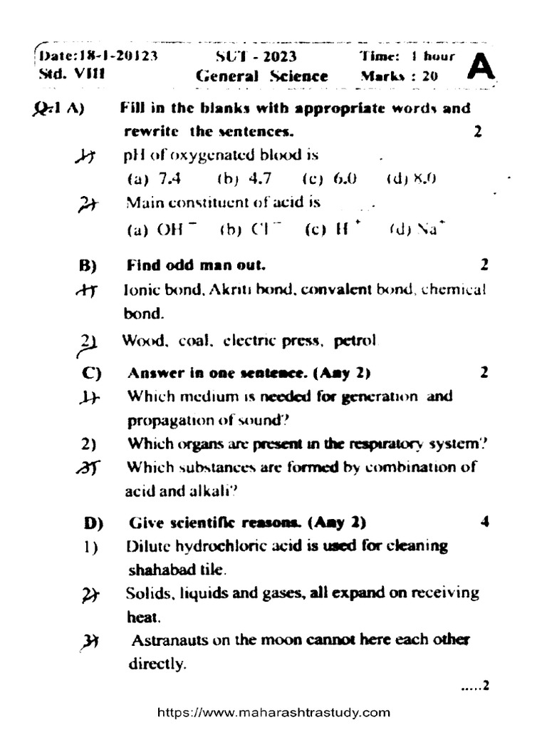MH Board Class 8 Ut2 General Science Set A 181123 Jan 2023 | PDF