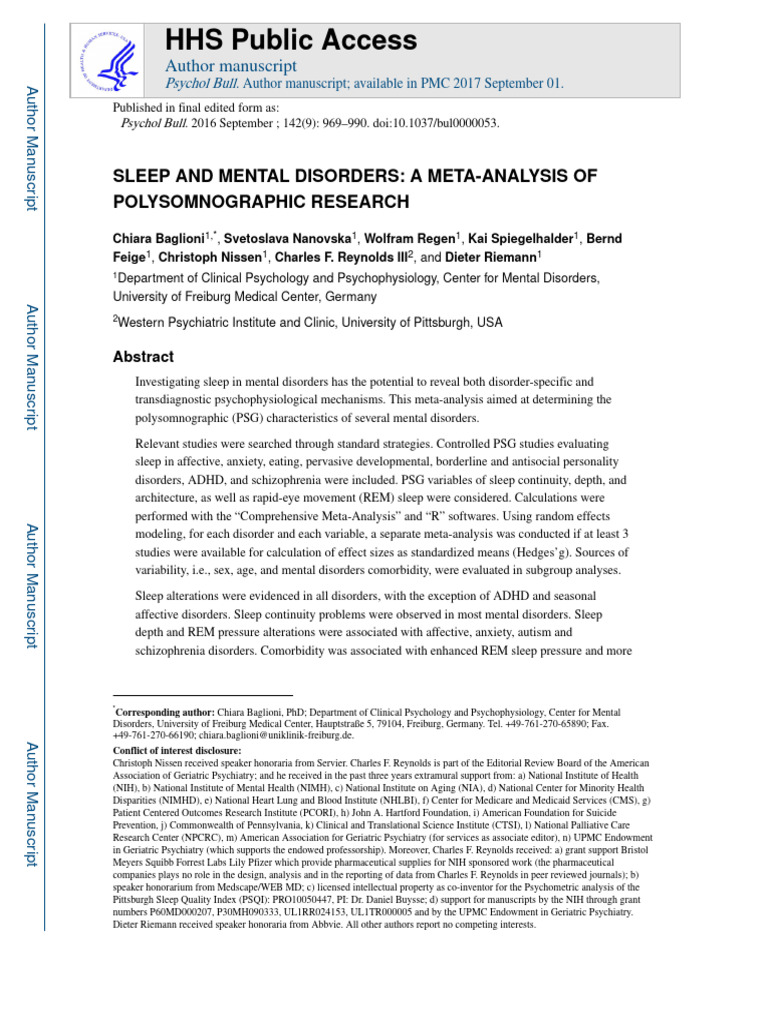 Sleep and Mental Disorders - A Meta-Analysis of Polysomnographic Research | PDF | Mental ...