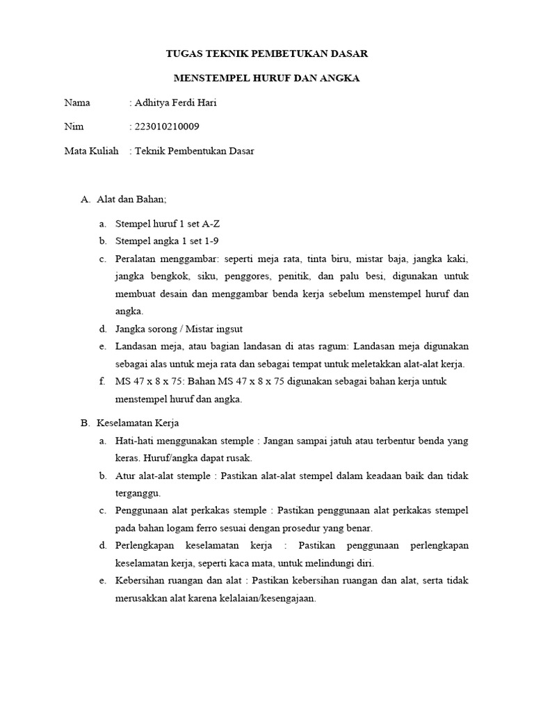 Tugas Teknik Pembetukan Dasar Menstempel Huruf Dan Angka Adhitya | PDF