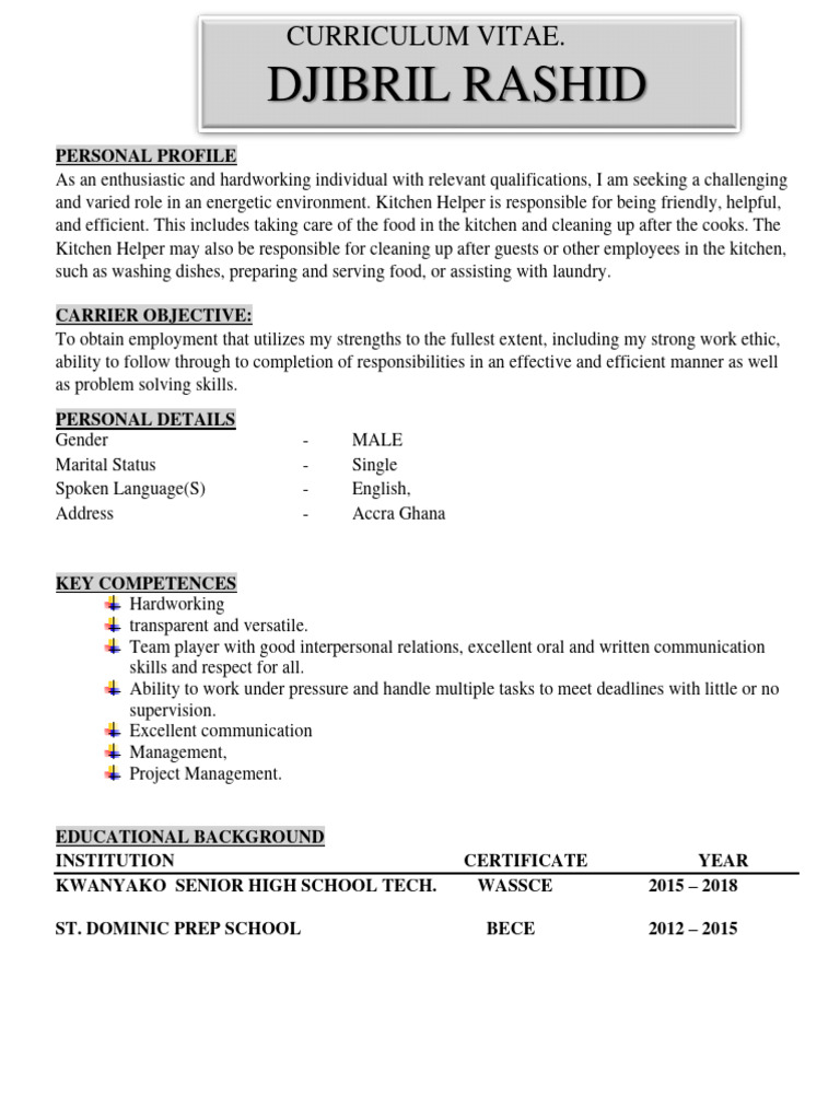Kitchen Helper CV of Djibril Rashid | PDF | Kitchen | Kitchen Utensil