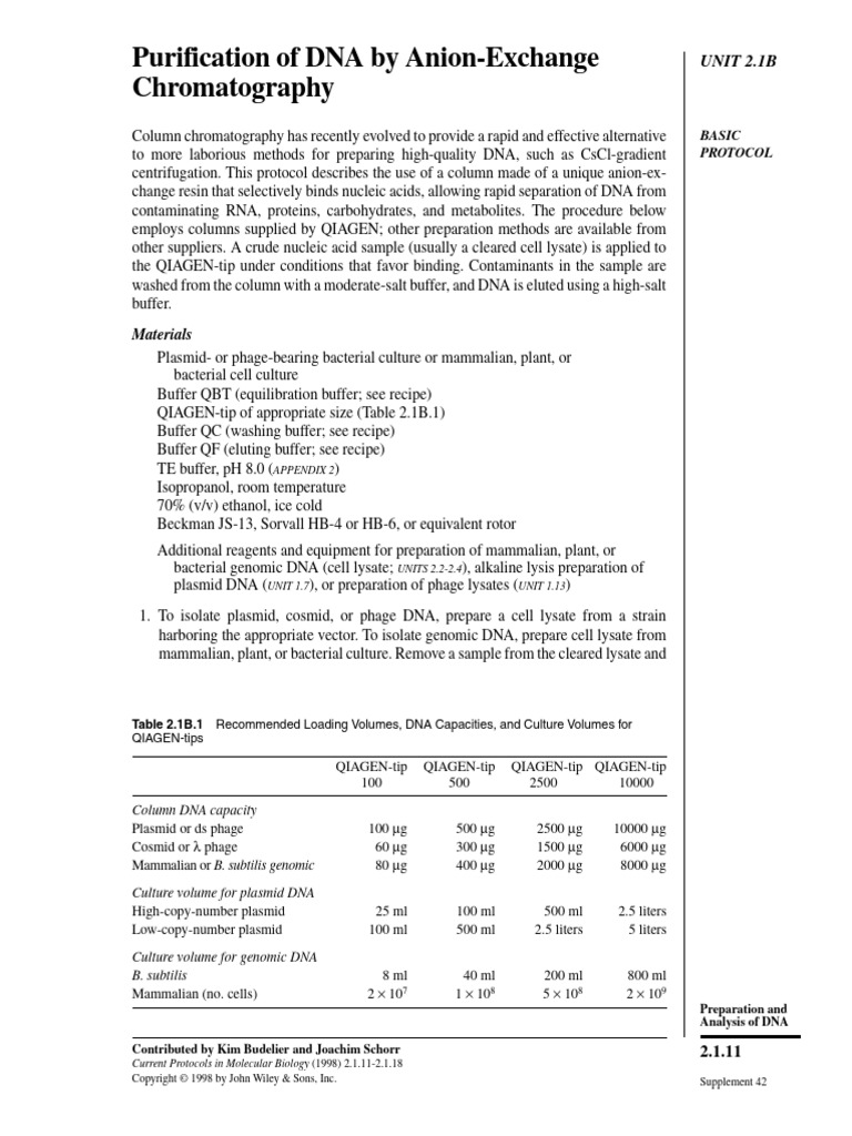 Purification of DNA by Anion-Exchange UNIT 2.1B | PDF | Protein ...