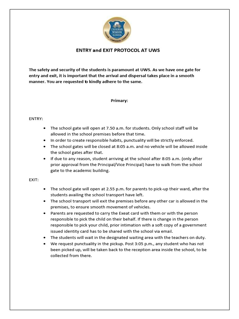 ENTRY and EXIT PROTOCOL AT UWS | PDF | Transport