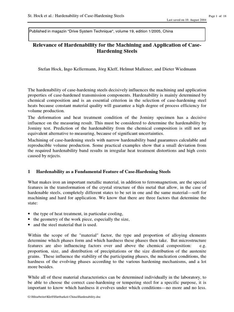 Relevance of Hardenability For The Machining and Application of Case-Hardening Steels ST Hock ...