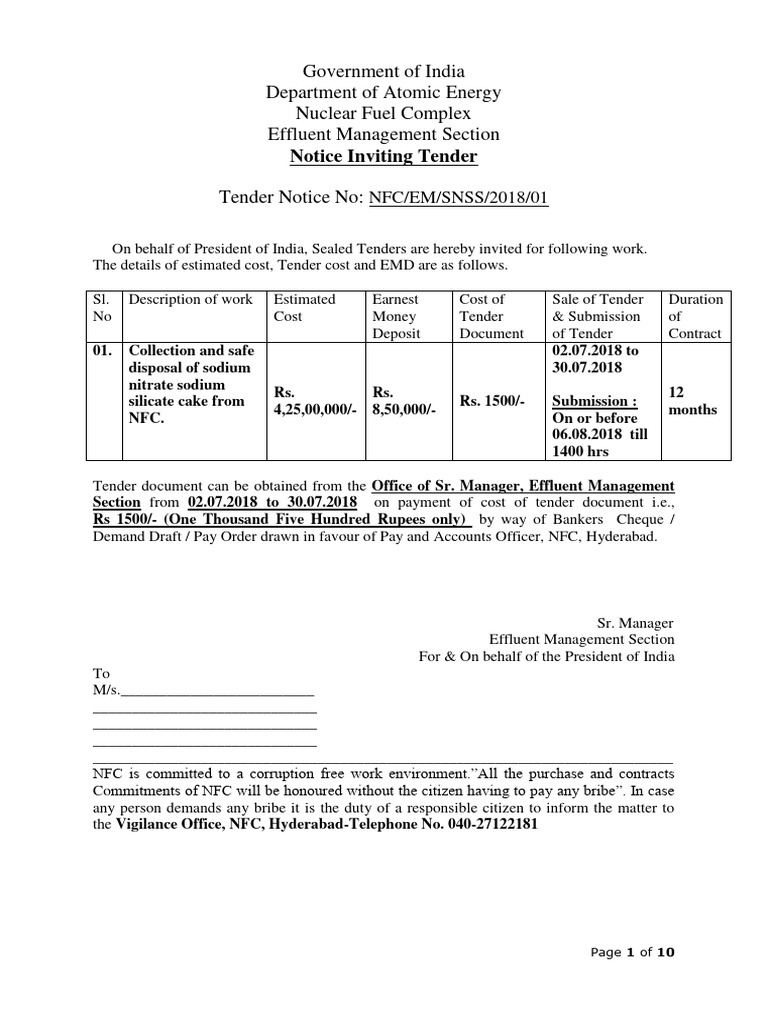 NFC Tender for Sodium Disposal Services | PDF | Employment | Value ...