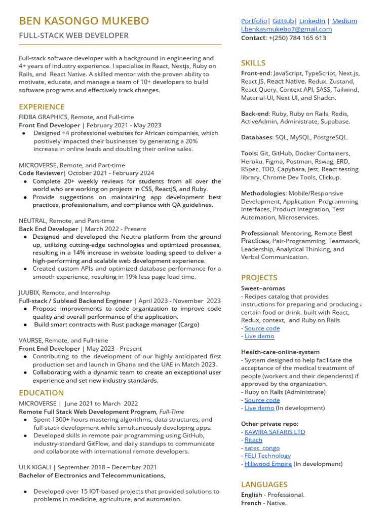 Ben Kasongo Mukebo: Skills | PDF | Web Development | Ruby On Rails