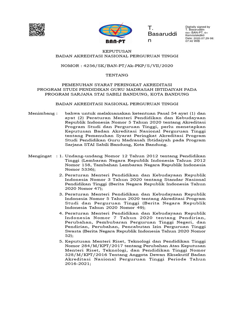 SK Akreditasi Prodi PGMI STAI Sabili Bandung No. 4256 Th. 2020 | PDF