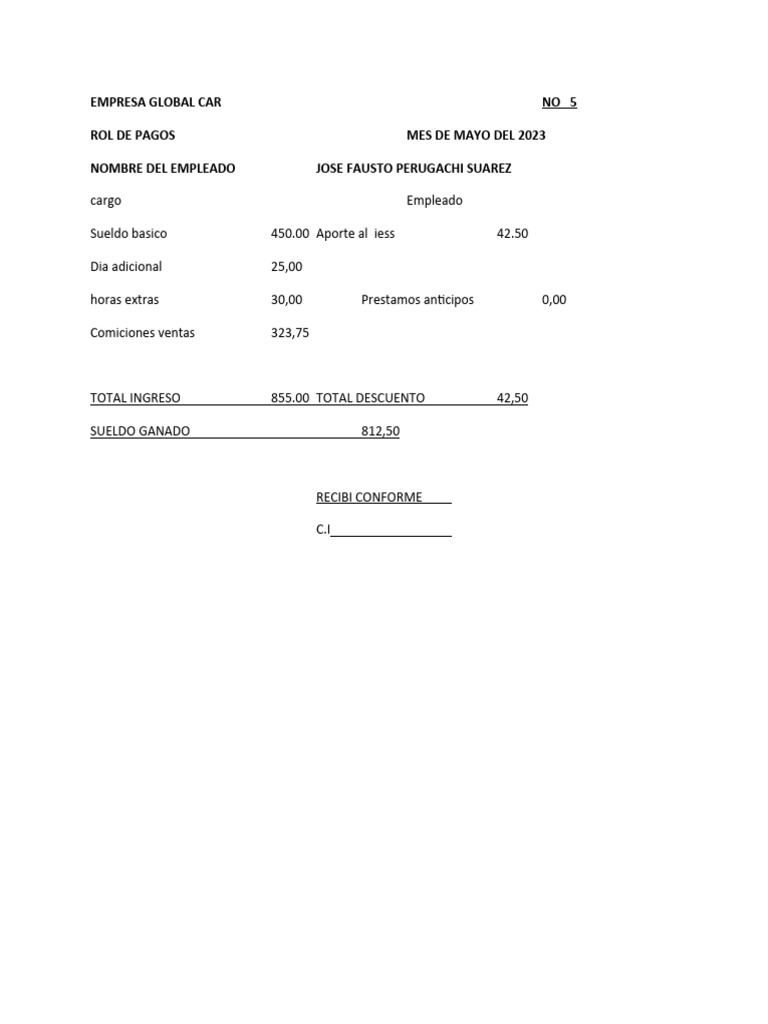Rol de Pagos de José Fausto: Mayo-Julio 2023 | PDF