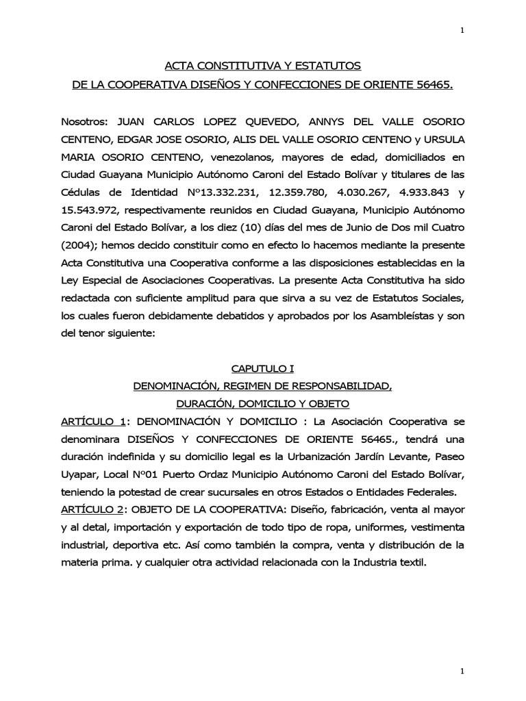 Acta Const. Coope. Disn. Confec. Oriente 56465 Dra. Indira | PDF | Cooperativa | Disciplinas