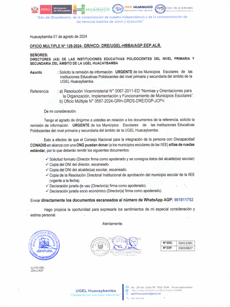 OFICIO MÚLTIPLE N° 128-2024-GRHCO-DRE UGEL-HBBA -AGP | PDF | Documento de identidad