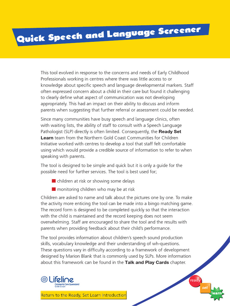 Early Childhood Speech Screener Tool | PDF | Speech | Reading Comprehension
