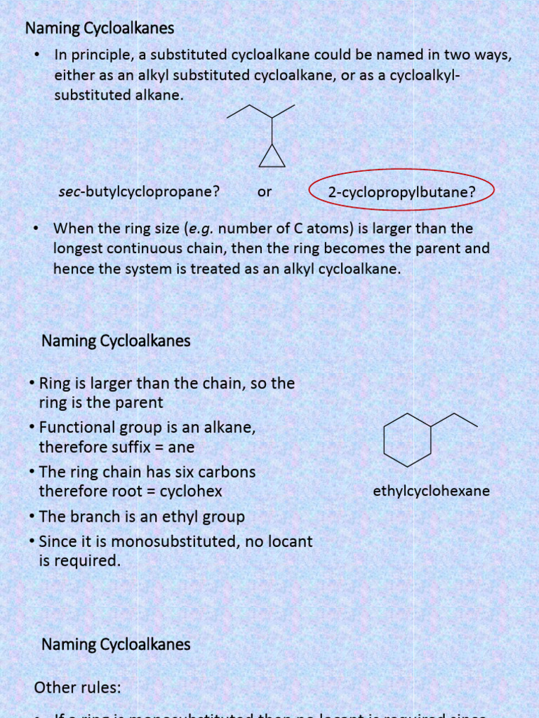 Iupac Rules Naming Cycloalkanes | PDF | Organic Compounds | Chemical ...