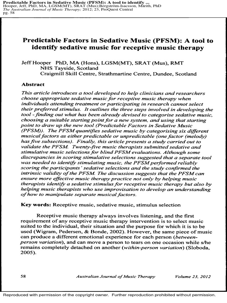 (2012) Predictable Factors in Sedative Music (PFSM) - A Tool To ...