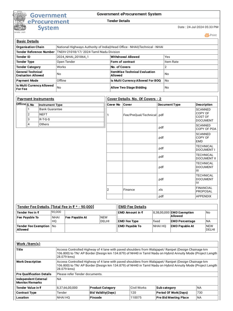 NH 40 Ap Border To Walajabat Green Fied 4lane Highway Tender | PDF ...