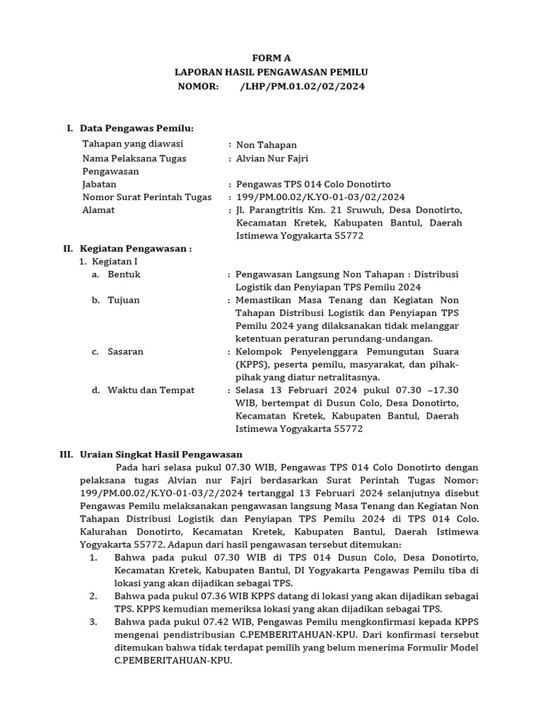 Laporan Pengawasan TPS 014 Pemilu 2024 | PDF
