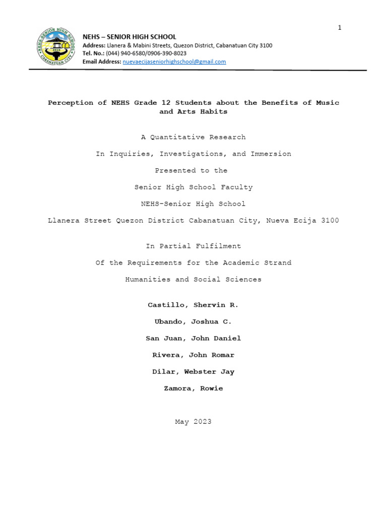 Grade 12 Views on Music & Arts Benefits | PDF | Survey Methodology ...
