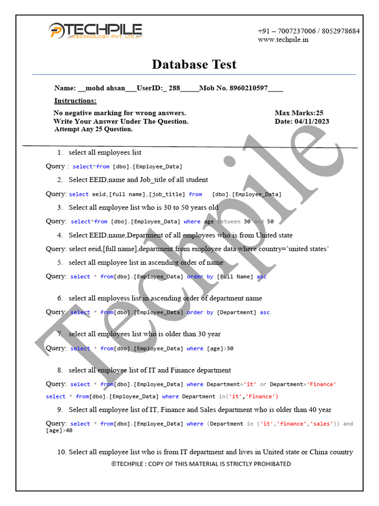 Database Test 1 | PDF | Salary | Labor