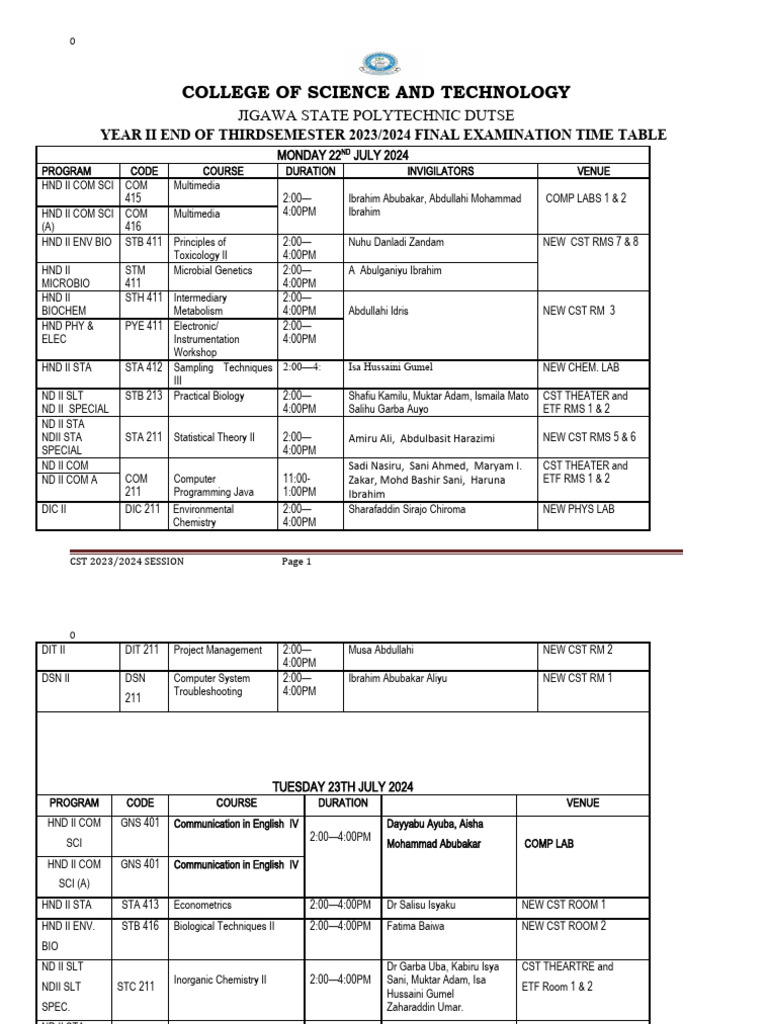Exam Time Table Year 2 1st Sem 2023 - 2024-1 | PDF | Computing | Computer Science