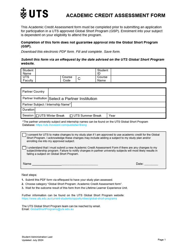 UTS Global Short Program Credit Form | PDF | Internship | Job Hunting