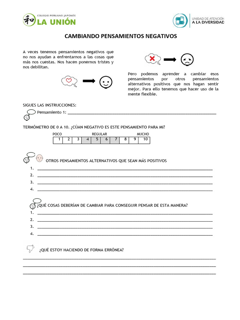Ficha Pensamientos Negativos | PDF | Pensamiento | Cognición