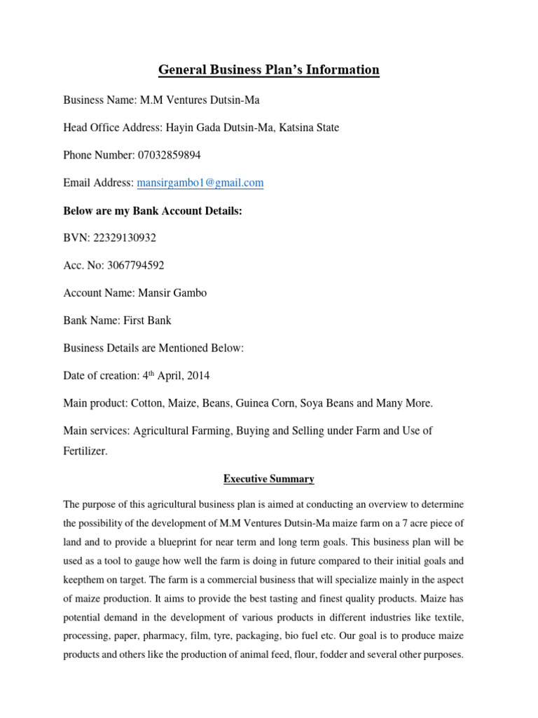 General Business Plan | PDF | Maize | Sowing