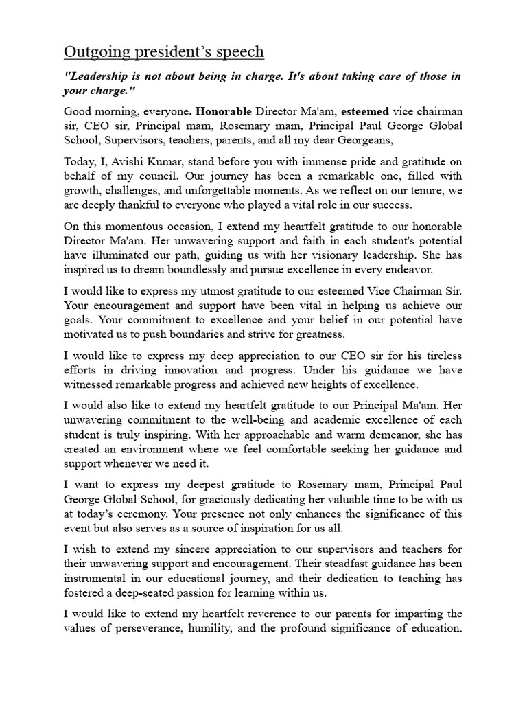 Outgoing President Speech | PDF | Gratitude | Social Psychology