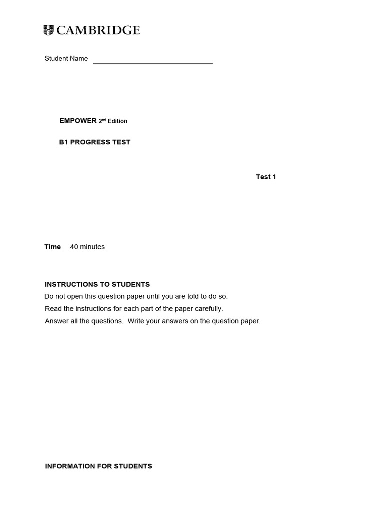 Empower Second Edition B1 Unit Progress Test 1 Version A Pdf