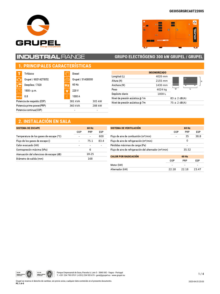 Ficha Tecnica Planta de Emergencia 300KW | PDF | Motor diesel | Motores