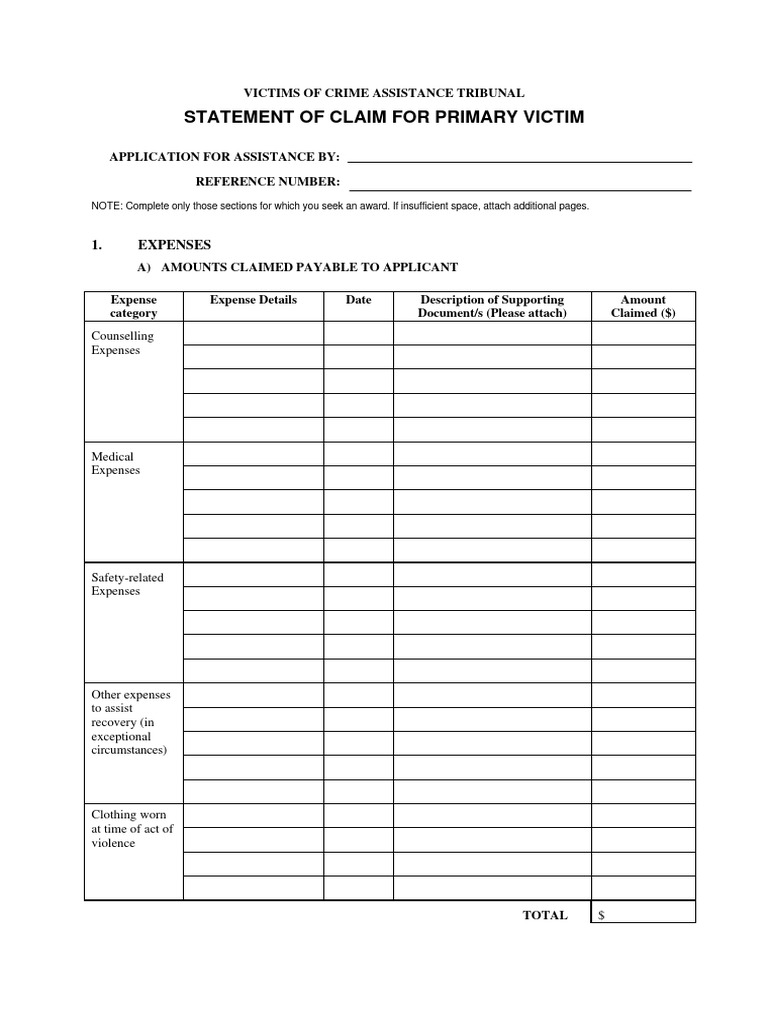 Victims of Crime Assistance Tribunal (VOCAT) — Statement of Claim ...