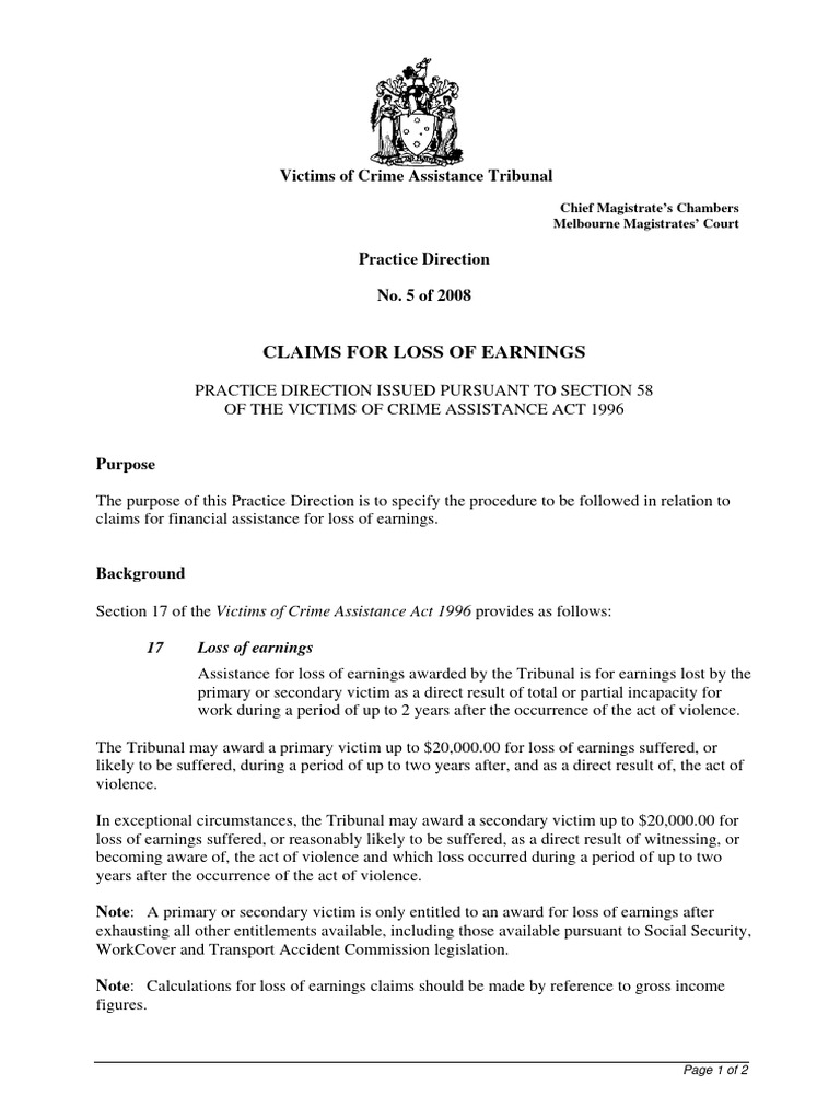 NSW Victims of Crime - Claims For Loss of Earnings (Primary Victims ...