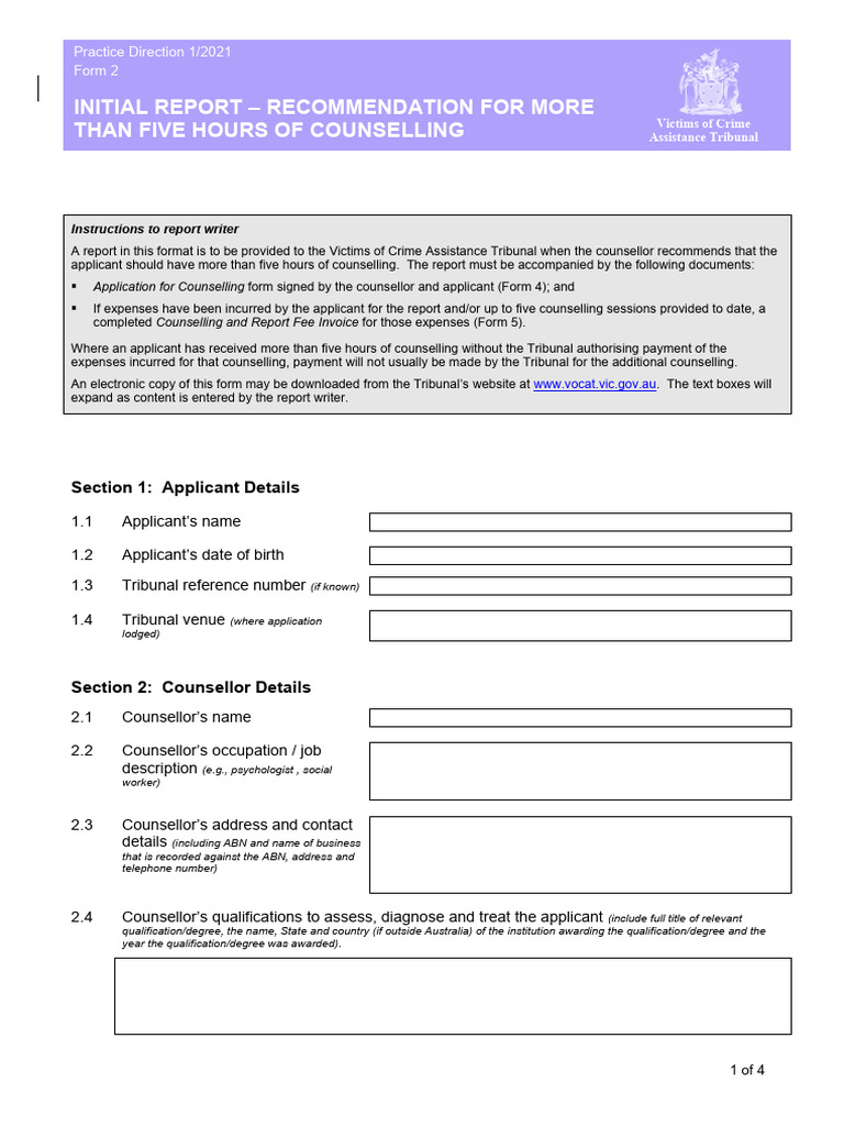 FORM 2 - Initial Report - More Than 5 Hours Counselling | PDF ...