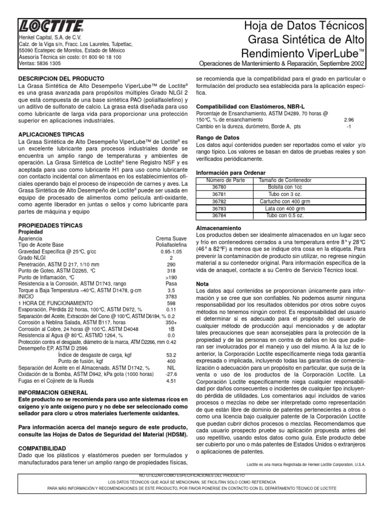 Data Sheet Loctite 36782 | PDF | Lubricante | Sustancias químicas